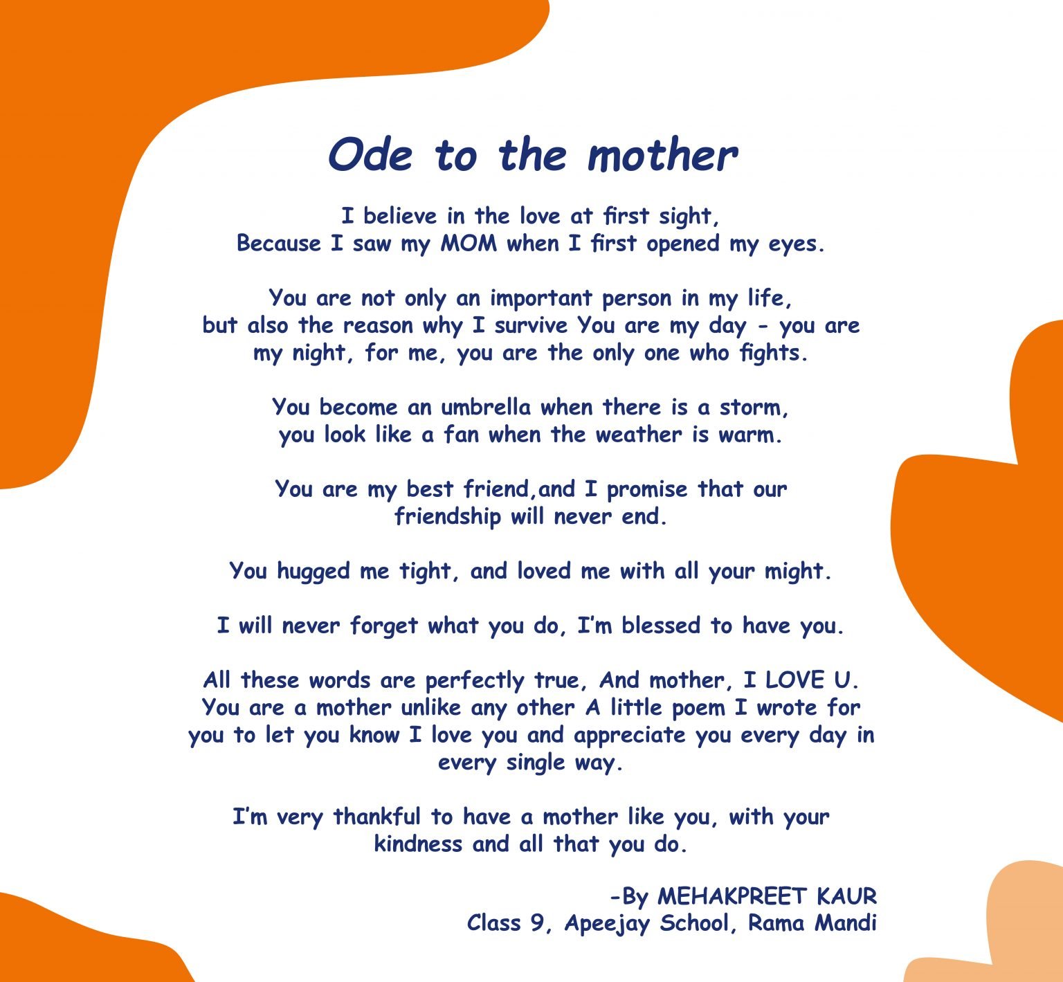 Ode to the mother: Poem by Mehakpreet Kaur, Apeejay School, Rama Mandi ...
